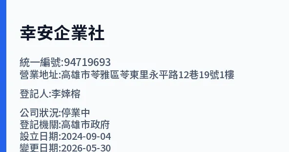 幸安企業社的照片-統編 94719693(高雄市) 公司登記資料與營業項目詳細圖表