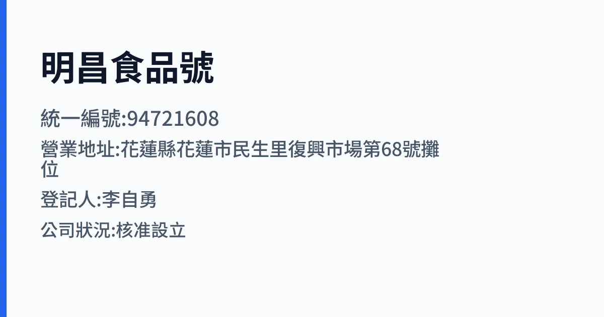 明昌食品號 - 統編 94721608(花蓮縣) 公司登記資料與營業項目詳細圖表