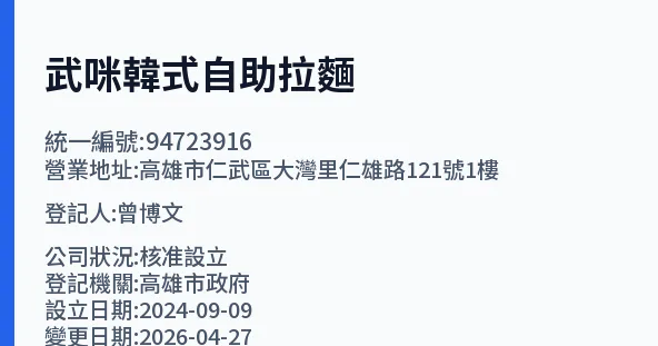 武咪韓式自助拉麵的照片-統編 94723916(高雄市) 公司登記資料與營業項目詳細圖表