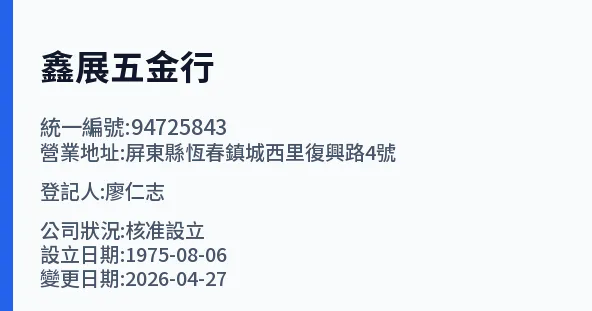 鑫展五金行的照片-統編 94725843(屏東縣) 公司登記資料與營業項目詳細圖表