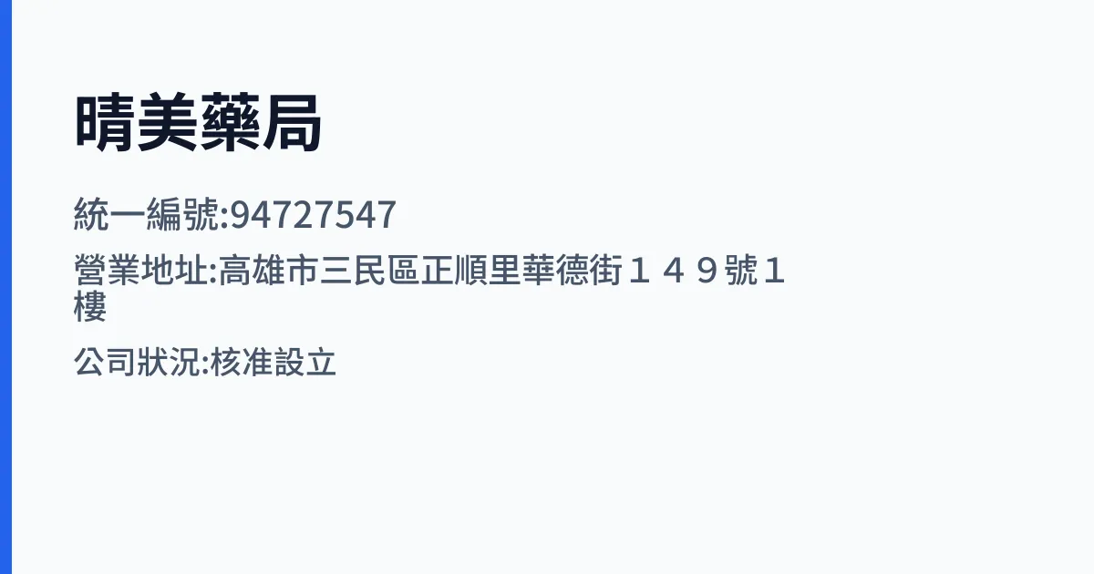 晴美藥局 - 統編 94727547(高雄市) 公司登記資料與營業項目詳細圖表