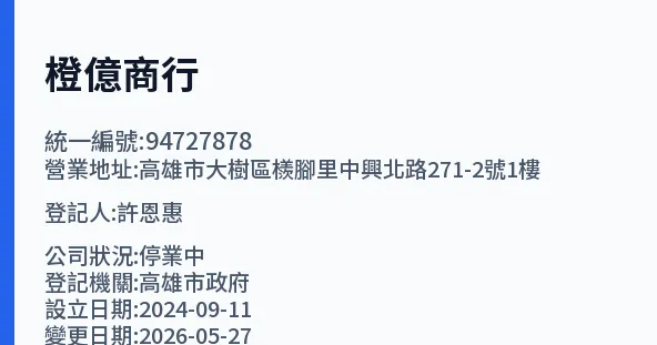 橙億商行的照片-統編 94727878(高雄市) 公司登記資料與營業項目詳細圖表
