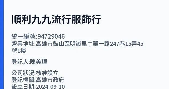順利九九流行服飾行的照片-統編 94729046(高雄市) 公司登記資料與營業項目詳細圖表