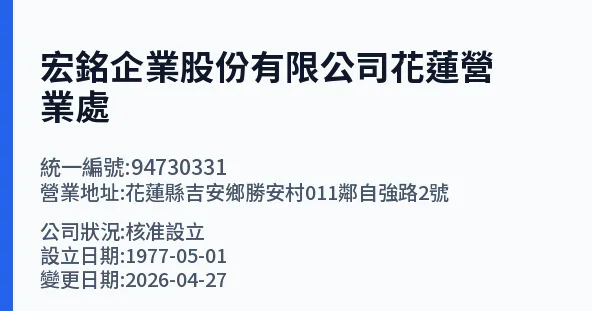 宏銘企業股份有限公司花蓮營業處的照片-統編 94730331(花蓮縣) 公司登記資料與營業項目詳細圖表
