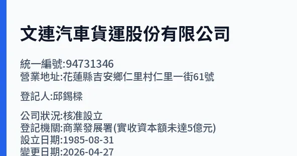 文連汽車貨運股份有限公司的照片-統編 94731346(花蓮縣) 公司登記資料與營業項目詳細圖表