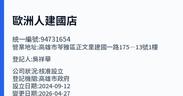 歐洲人建國店的照片-統編 94731654(高雄市) 公司登記資料與營業項目詳細圖表