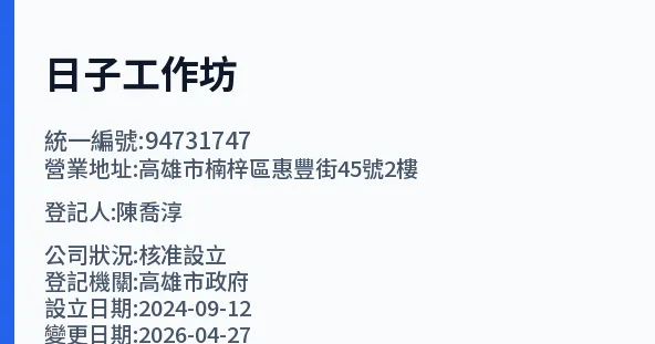 日子工作坊的照片-統編 94731747(高雄市) 公司登記資料與營業項目詳細圖表
