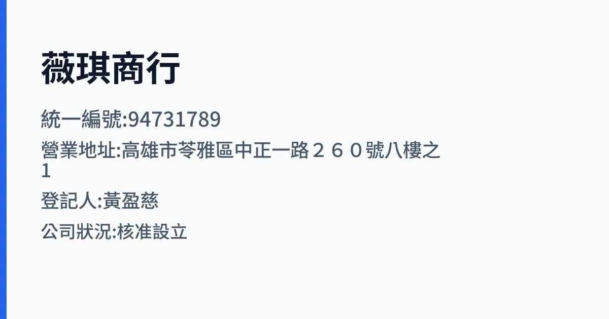薇琪商行 - 統編 94731789(高雄市) 公司登記資料與營業項目詳細圖表