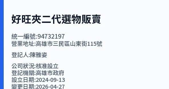 好旺夾二代選物販賣的照片-統編 94732197(高雄市) 公司登記資料與營業項目詳細圖表