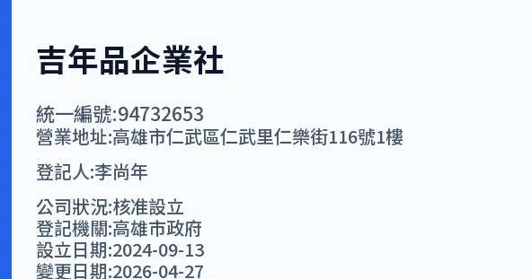 吉年品企業社的照片-統編 94732653(高雄市) 公司登記資料與營業項目詳細圖表