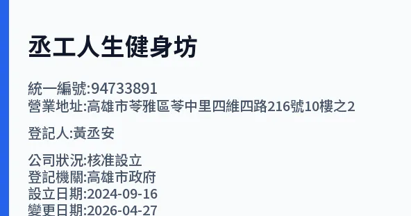 丞工人生健身坊的照片-統編 94733891(高雄市) 公司登記資料與營業項目詳細圖表