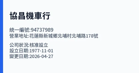 協昌機車行的照片-統編 94737989(花蓮縣) 公司登記資料與營業項目詳細圖表