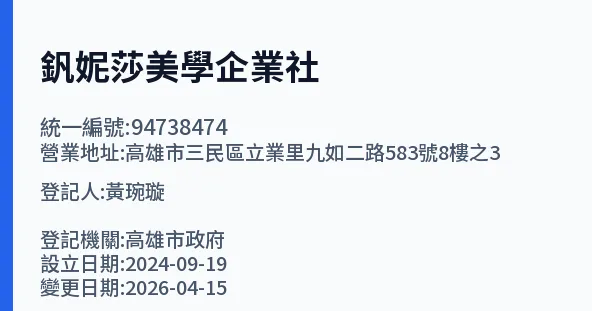 釩妮莎美學企業社的照片-統編 94738474(高雄市) 公司登記資料與營業項目詳細圖表