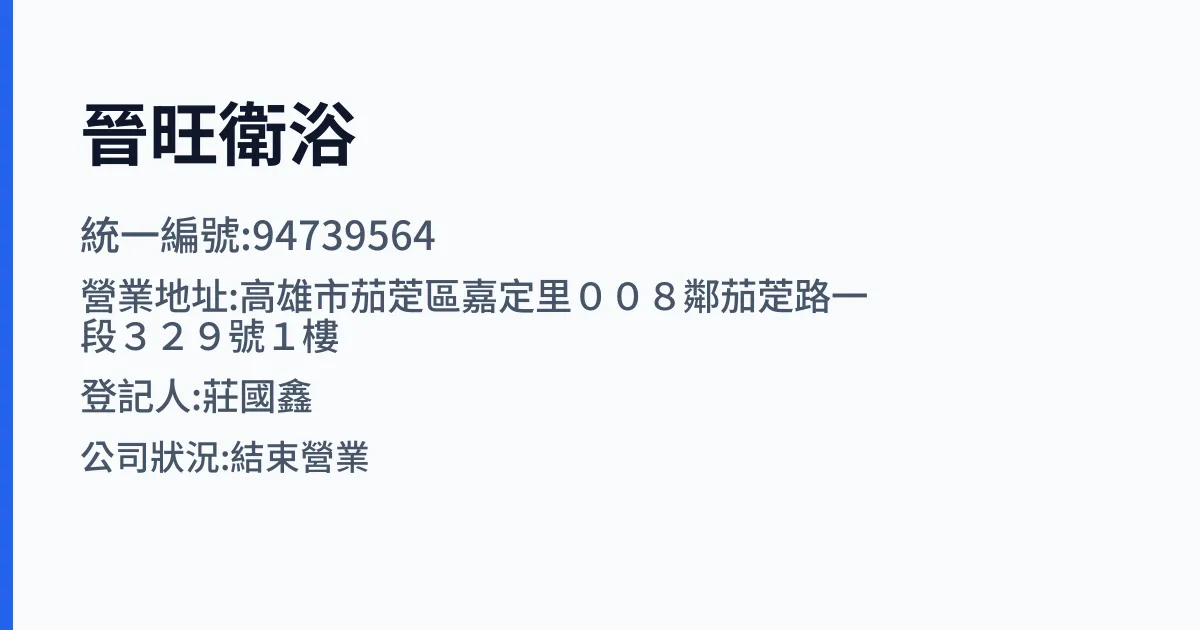 晉旺衛浴 - 統編 94739564(高雄市) 公司登記資料與營業項目詳細圖表
