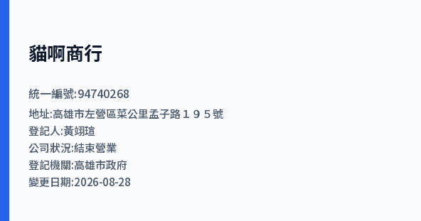 貓啊商行的照片-統編 94740268(高雄市) 公司登記資料與營業項目詳細圖表