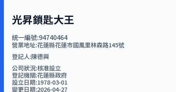 光昇鎖匙大王的照片-統編 94740464(花蓮縣) 公司登記資料與營業項目詳細圖表