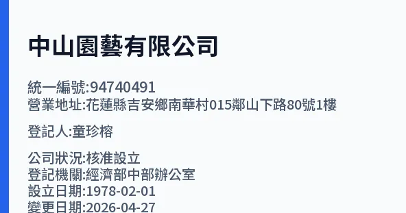 中山園藝有限公司的照片-統編 94740491(花蓮縣) 公司登記資料與營業項目詳細圖表