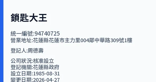 鎖匙大王的照片-統編 94740725(花蓮縣) 公司登記資料與營業項目詳細圖表