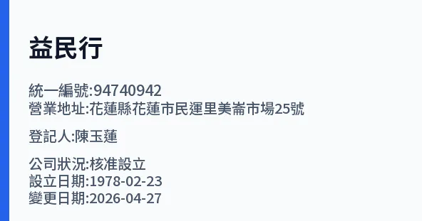 益民行的照片-統編 94740942(花蓮縣) 公司登記資料與營業項目詳細圖表