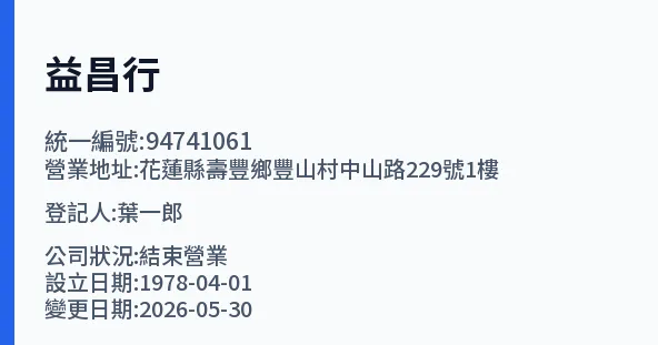 益昌行的照片-統編 94741061(花蓮縣) 公司登記資料與營業項目詳細圖表