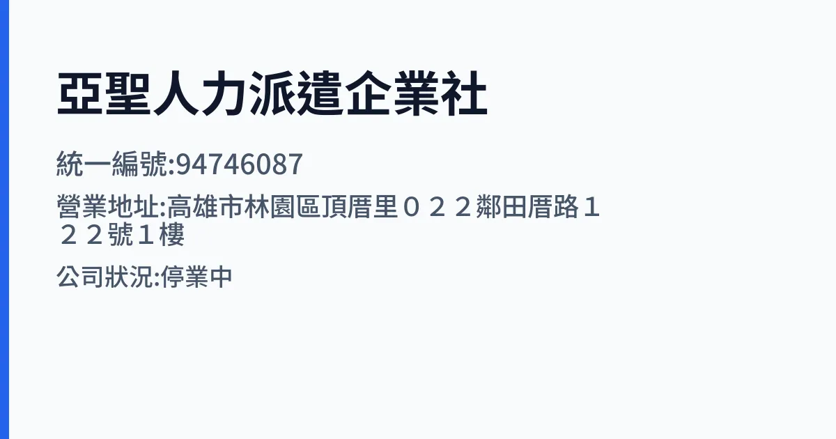 亞聖人力派遣企業社 - 統編 94746087(高雄市) 公司登記資料與營業項目詳細圖表