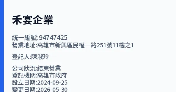 禾宴企業的照片-統編 94747425(高雄市) 公司登記資料與營業項目詳細圖表
