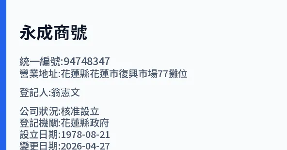 永成商號的照片-統編 94748347(花蓮縣) 公司登記資料與營業項目詳細圖表