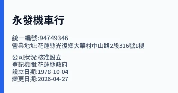 永發機車行的照片-統編 94749346(花蓮縣) 公司登記資料與營業項目詳細圖表