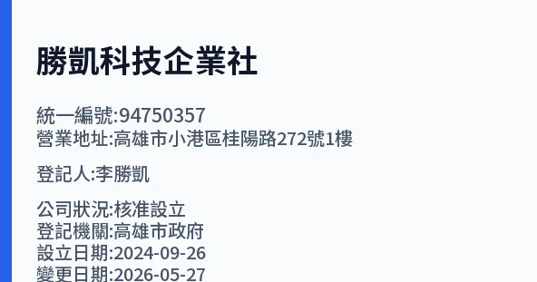 勝凱科技企業社的照片-統編 94750357(高雄市) 公司登記資料與營業項目詳細圖表