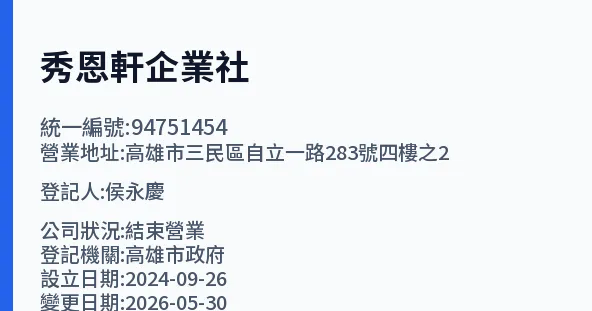 秀恩軒企業社的照片-統編 94751454(高雄市) 公司登記資料與營業項目詳細圖表