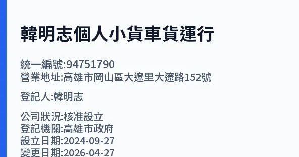 韓明志個人小貨車貨運行的照片-統編 94751790(高雄市) 公司登記資料與營業項目詳細圖表
