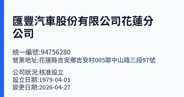 匯豐汽車股份有限公司花蓮分公司的照片-統編 94756280(花蓮縣) 公司登記資料與營業項目詳細圖表