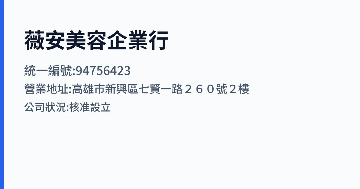 薇安美容企業行 - 統編 94756423(高雄市) 公司登記資料與營業項目詳細圖表