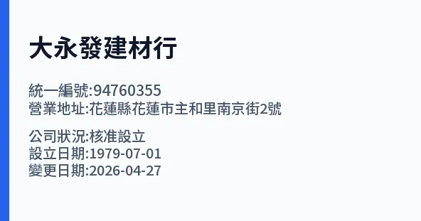 大永發建材行的照片-統編 94760355(花蓮縣) 公司登記資料與營業項目詳細圖表