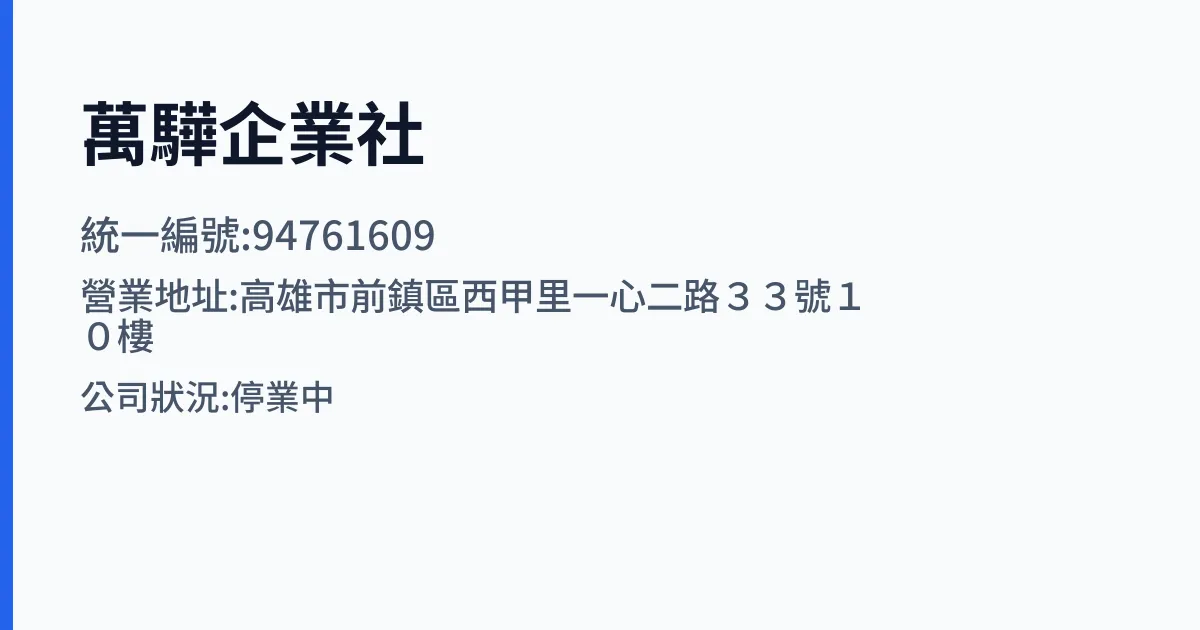 萬驊企業社 - 統編 94761609 (高雄市) 公司登記資料與營業項目詳細圖表