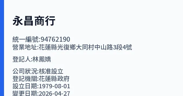 永昌商行的照片-統編 94762190(花蓮縣) 公司登記資料與營業項目詳細圖表
