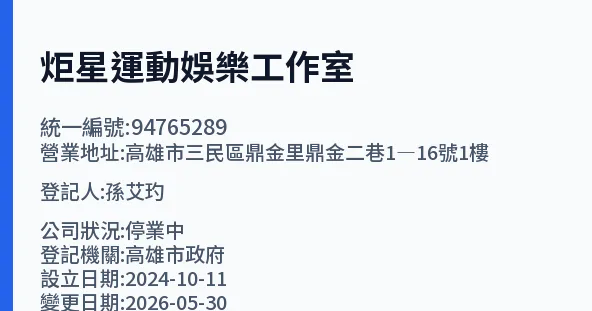 炬星運動娛樂工作室的照片-統編 94765289(高雄市) 公司登記資料與營業項目詳細圖表