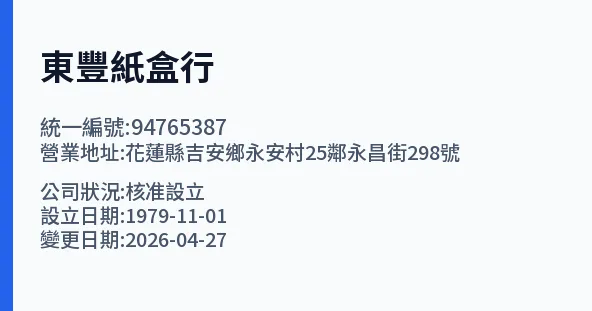 東豐紙盒行的照片-統編 94765387(花蓮縣) 公司登記資料與營業項目詳細圖表