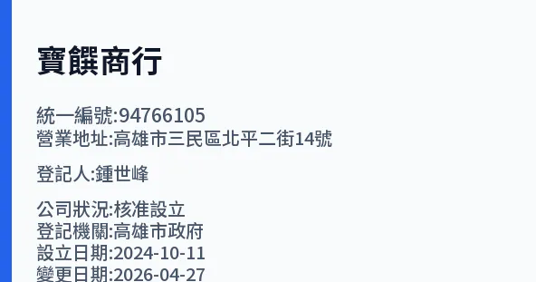 寶饌商行的照片-統編 94766105(高雄市) 公司登記資料與營業項目詳細圖表