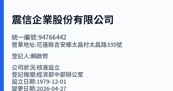 震信企業股份有限公司的照片-統編 94766442(花蓮縣) 公司登記資料與營業項目詳細圖表
