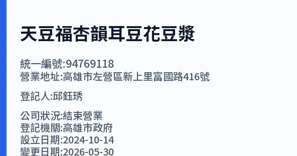 天豆福杏韻耳豆花豆漿的照片-統編 94769118(高雄市) 公司登記資料與營業項目詳細圖表