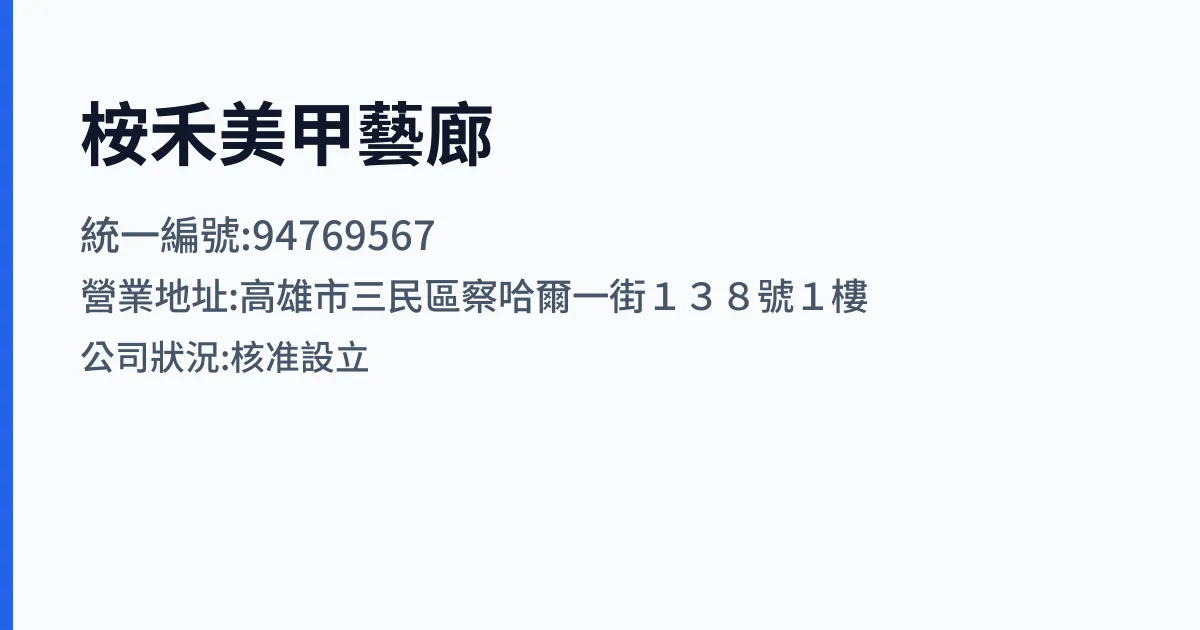 桉禾美甲藝廊 - 統編 94769567（高雄市） 公司登記資料與營業項目詳細圖表