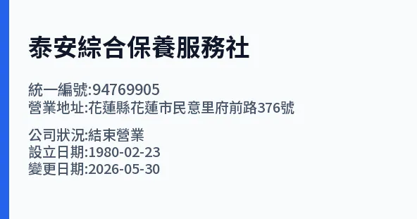 泰安綜合保養服務社的照片-統編 94769905(花蓮縣) 公司登記資料與營業項目詳細圖表