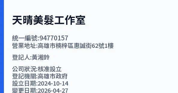 天晴美髮工作室的照片-統編 94770157(高雄市) 公司登記資料與營業項目詳細圖表