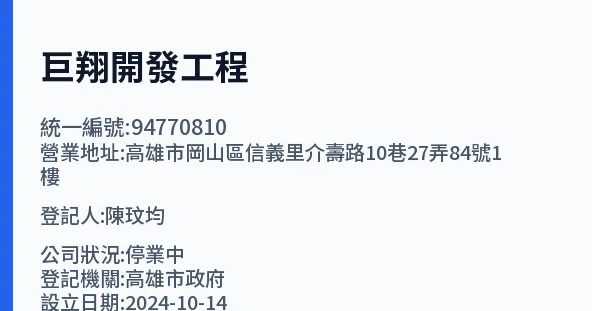 巨翔開發工程的照片-統編 94770810(高雄市) 公司登記資料與營業項目詳細圖表