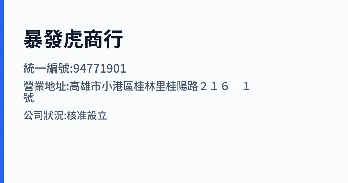 暴發虎商行 - 統編 94771901(高雄市) 公司登記資料與營業項目詳細圖表