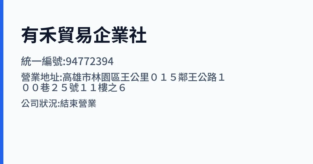 有禾貿易企業社 - 統編 94772394(高雄市) 公司登記資料與營業項目詳細圖表