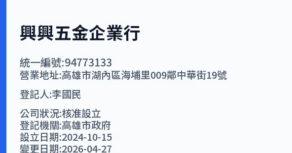 興興五金企業行的照片-統編 94773133(高雄市) 公司登記資料與營業項目詳細圖表