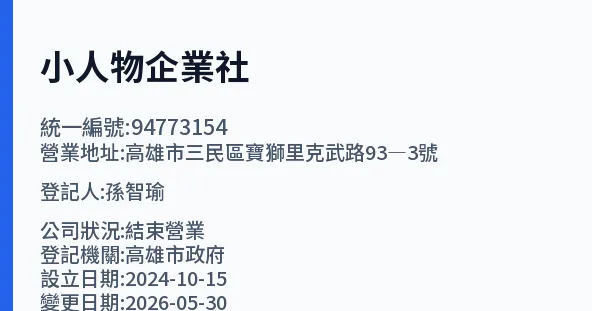 小人物企業社的照片-統編 94773154(高雄市) 公司登記資料與營業項目詳細圖表