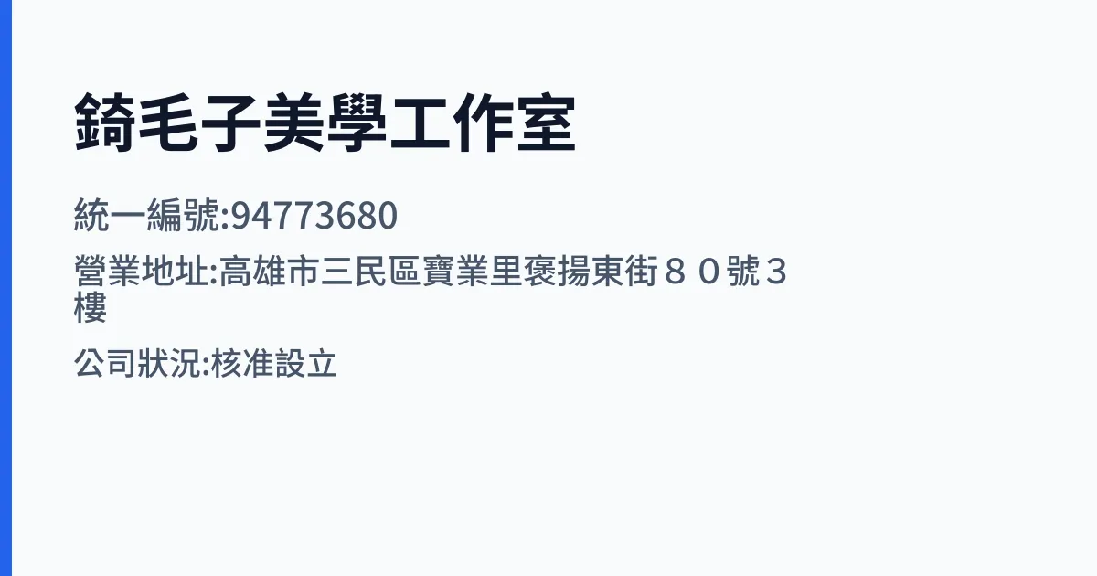 錡毛子美學工作室 - 統編 94773680(高雄市) 公司登記資料與營業項目詳細圖表